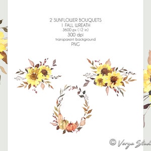 Rustic Watercolor Fall Floral Clipart, Sunflowers Bouquet PNG, Floral ...
