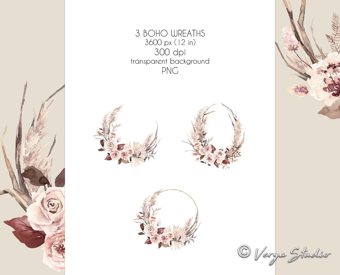 Watercolor Bohemian Floral Clipart Boho Frames Wreaths Gold Frame Dried ...