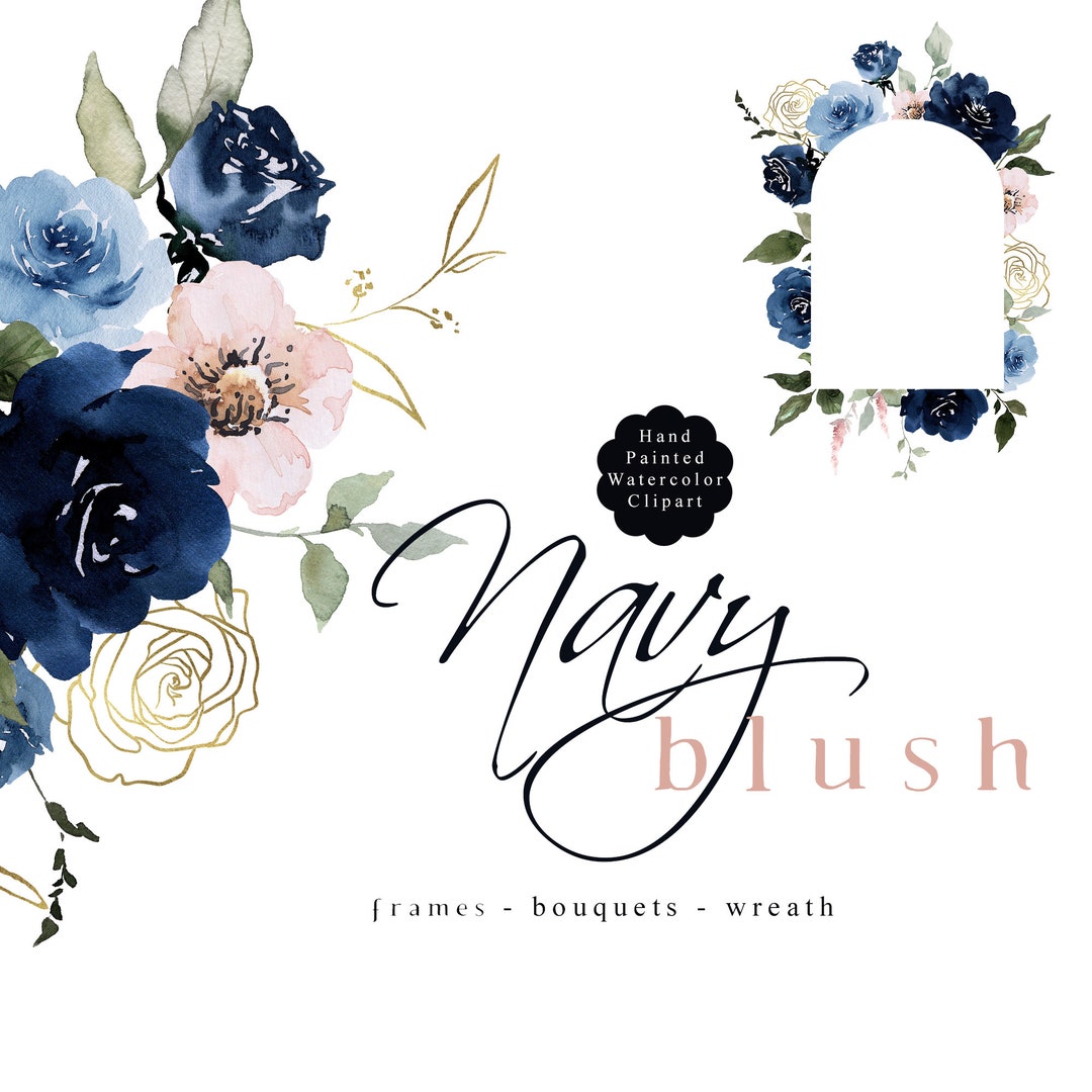 Blush Navy Floral Clipart Watercolor Blue Pink Flowers Gold Line Art ...