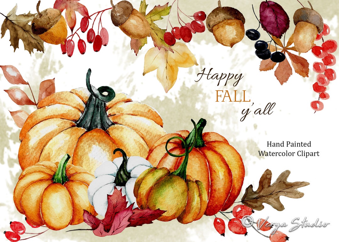 Fall Pumpkins Acorns Leaves & Berries Watercolor Clipart Set, Autumn ...