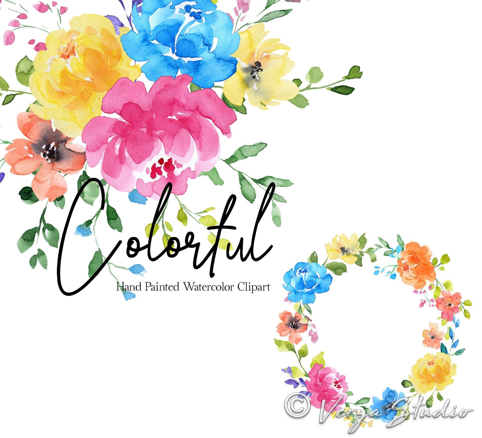 Colorful Watercolor Flowers Clipart Floral Clip Art Bright - Etsy