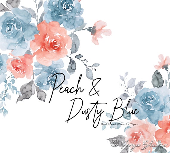 Peach Dusty Blue Watercolor Floral Clipart Flowers Clip Art | Etsy