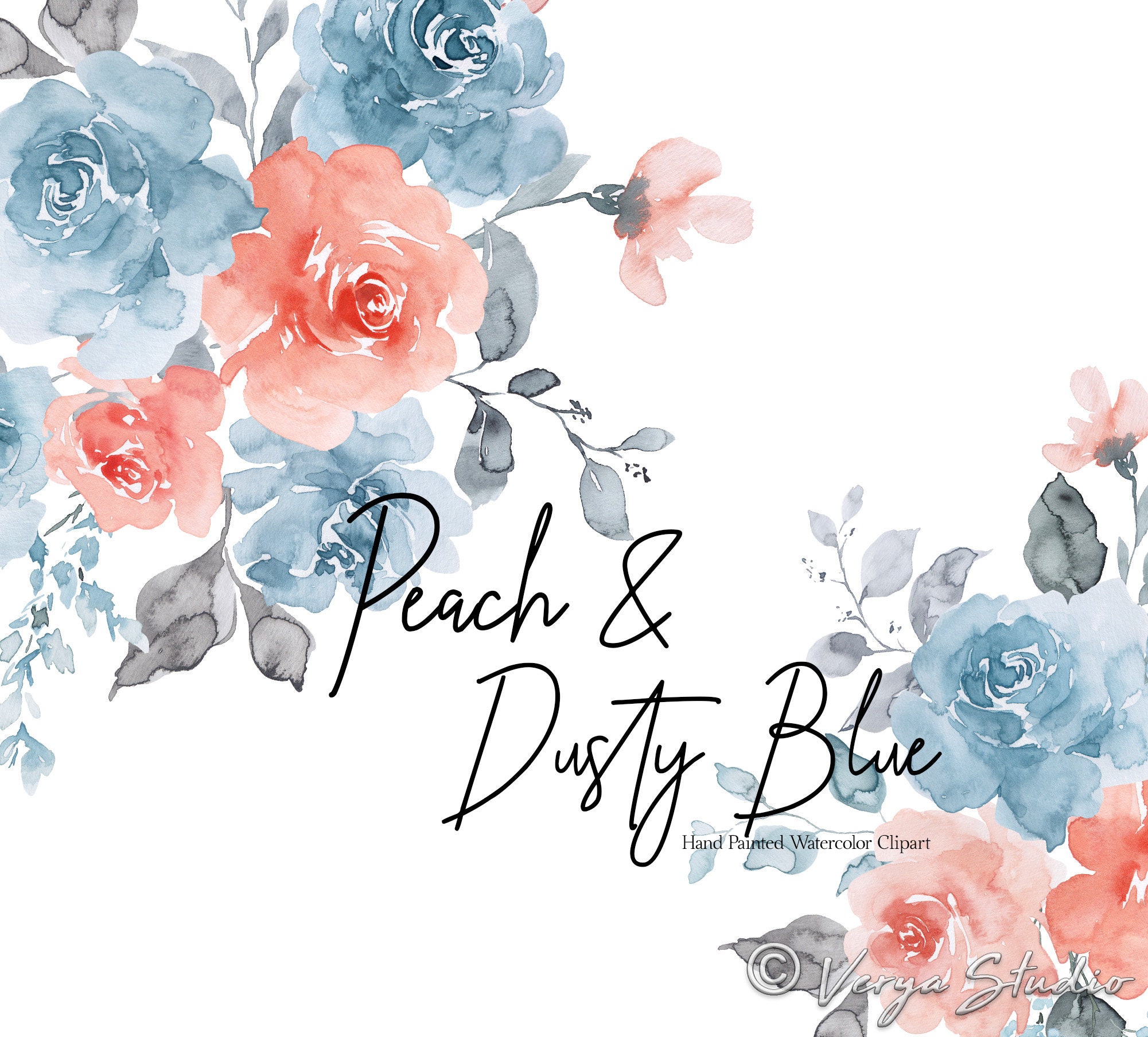 Peach Dusty Blue Watercolor Floral Clipart Flowers Clip Art - Etsy