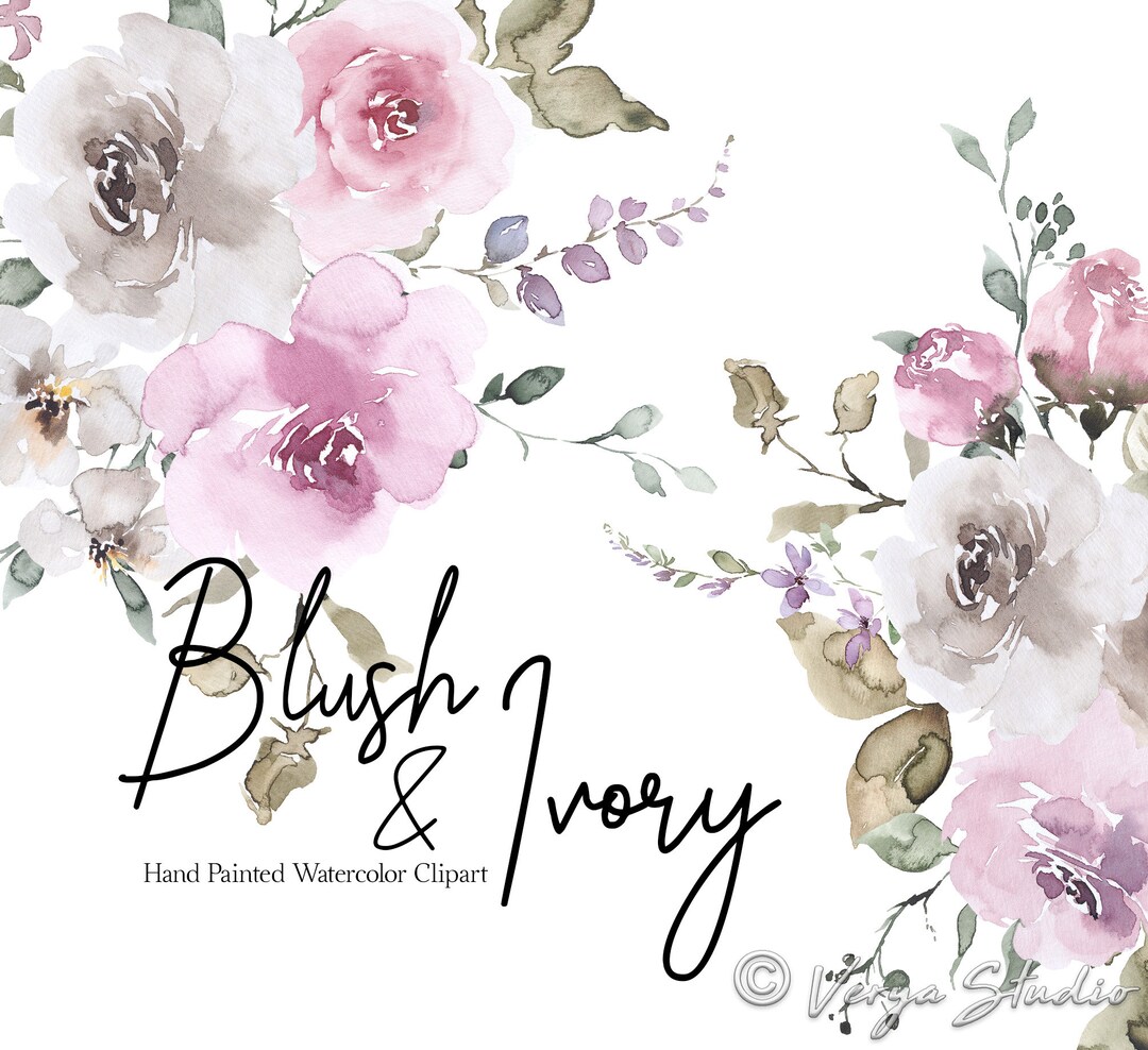 Blush Ivory Watercolor Flowers Clipart Floral Clip Art Pink Purple ...