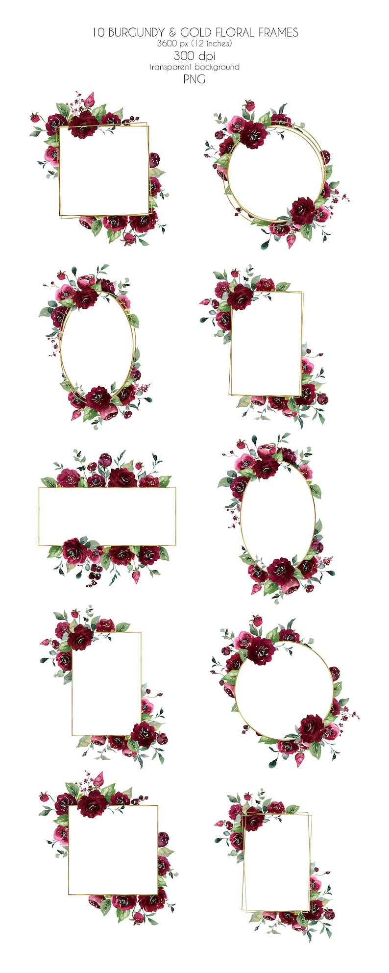 Burgundy Gold Frames Clipart Watercolor Flowers Clip Art Floral Frame ...
