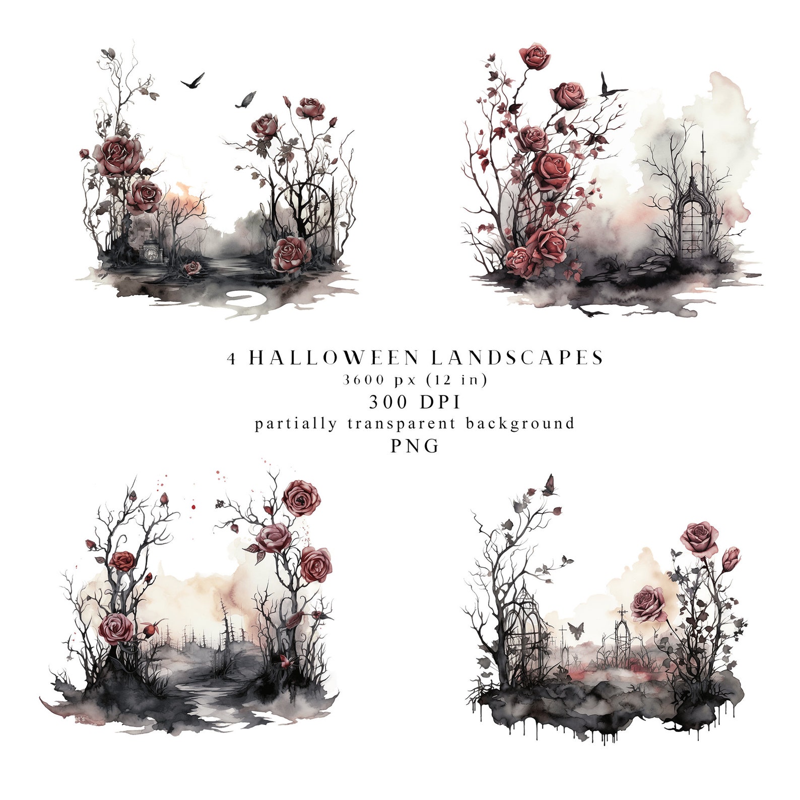 Goth Halloween Clipart Watercolor Floral Fall Autumn Harvest Gothic ...