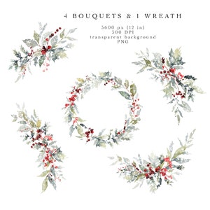SNOWY Christmas Clipart Watercolor Winter Berries Greenery Clip Art 4 ...