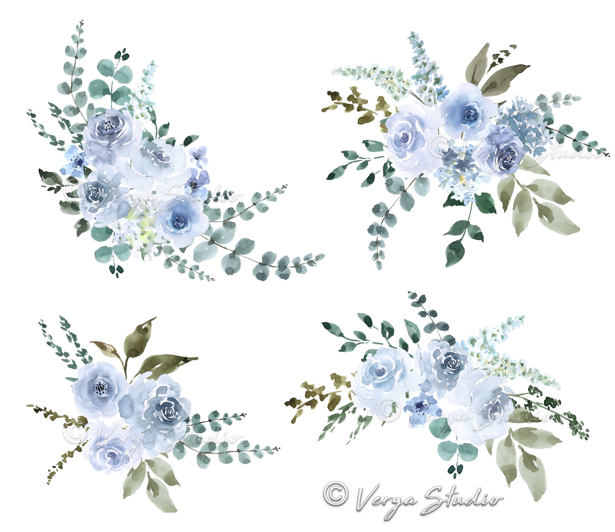 Baby Blue Watercolor Flowers Bouquets Clipart Soft Pastel - Etsy