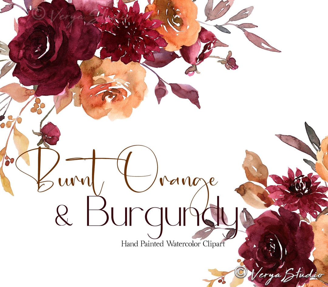 Burgundy Burnt Orange Watercolor Flowers Clipart Fall Floral Clip Art ...
