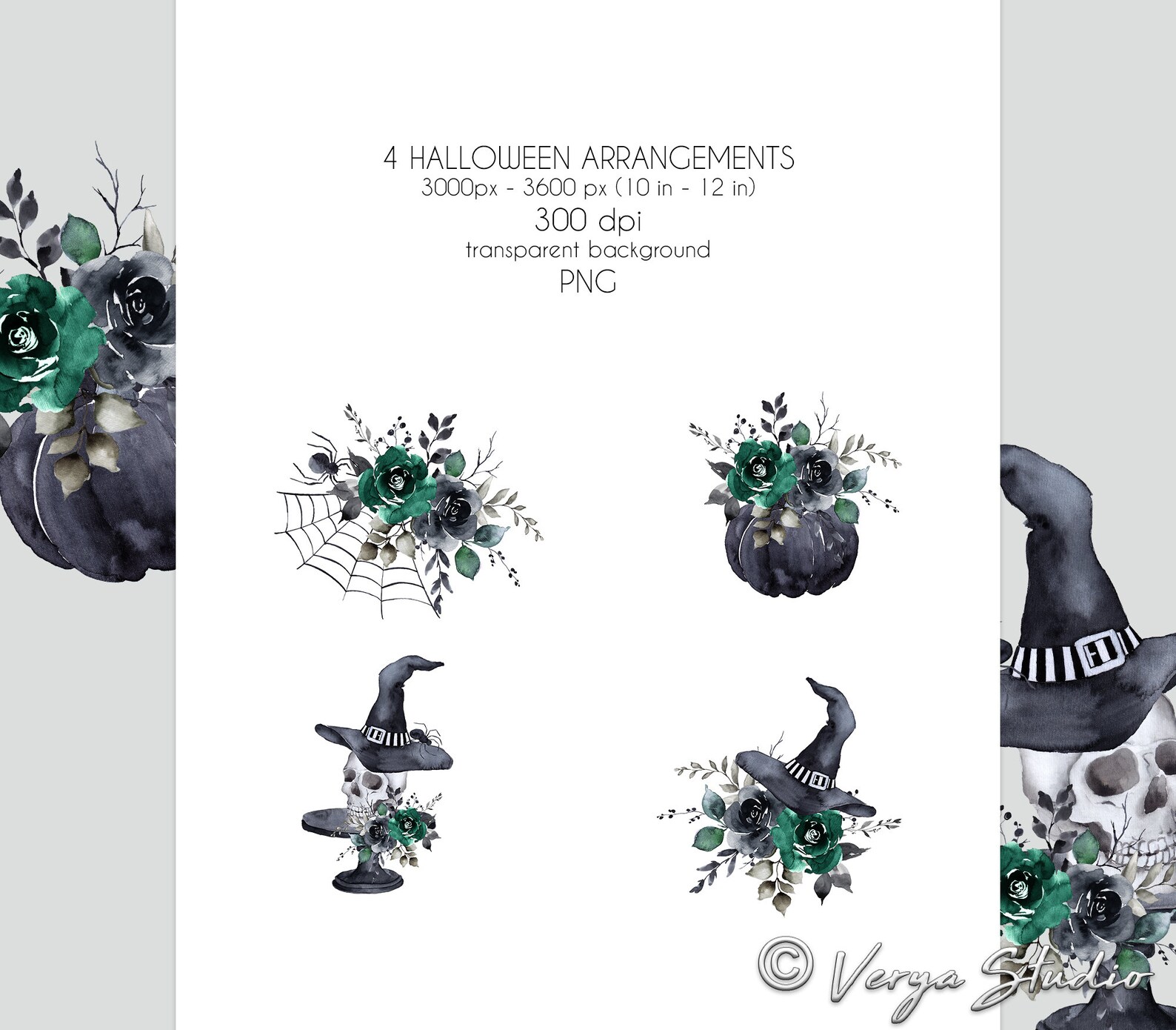 Emerald Green Halloween Clipart Watercolor Floral Clip Art - Etsy