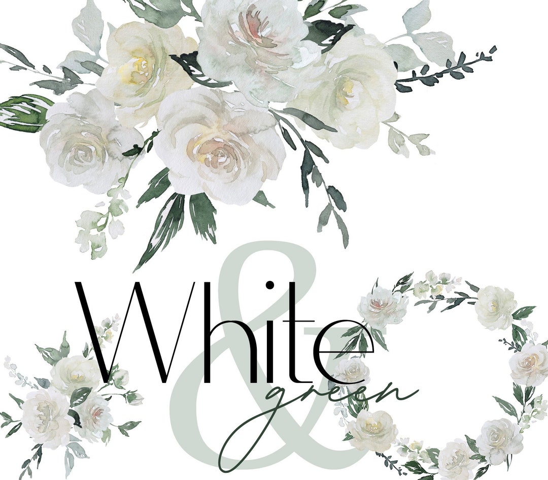 White Floral Clipart - Watercolor Ivory White Flowers Clip Art, Green ...