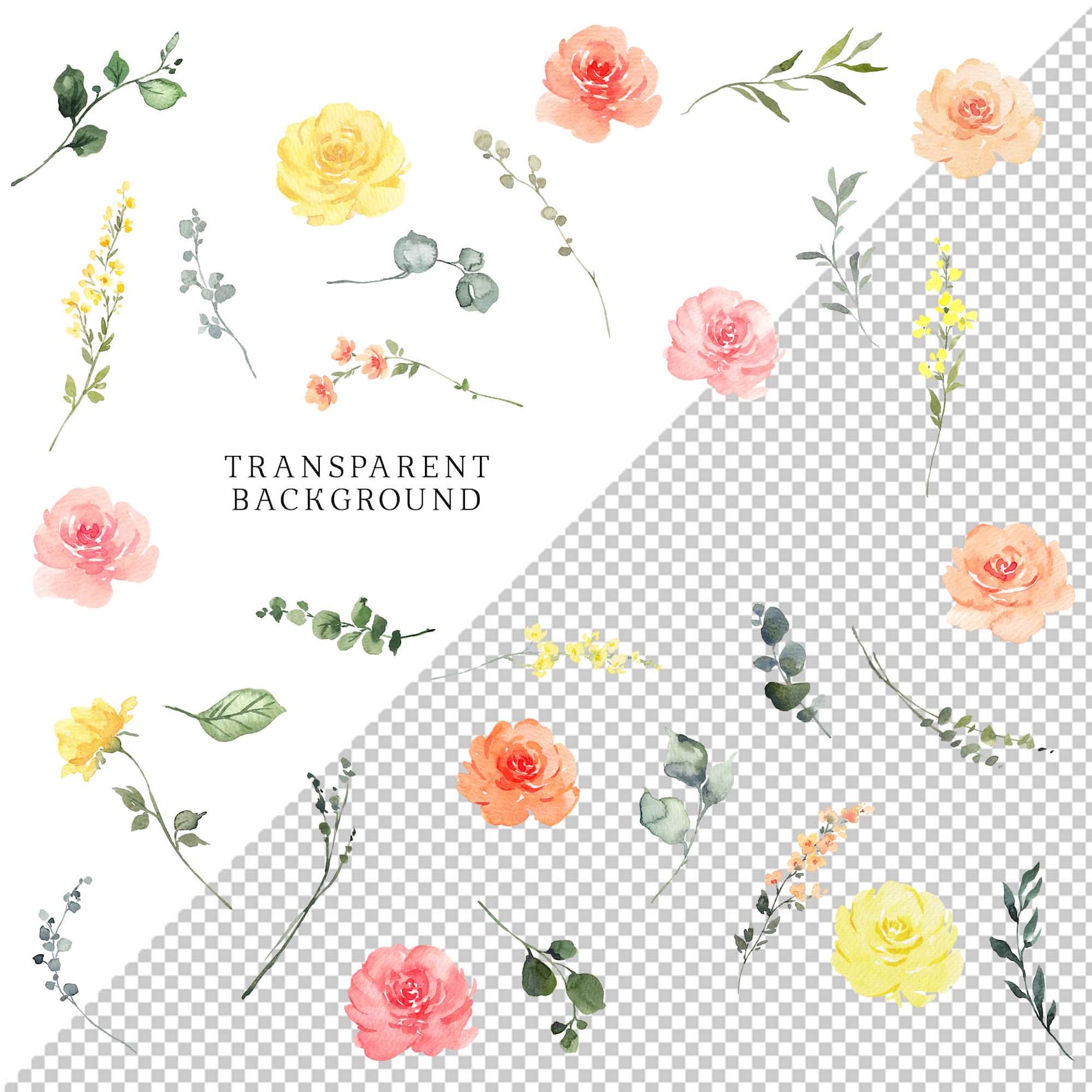 Peach Pink Yellow Floral Clipart Watercolor Spring Flowers Bright Blush ...
