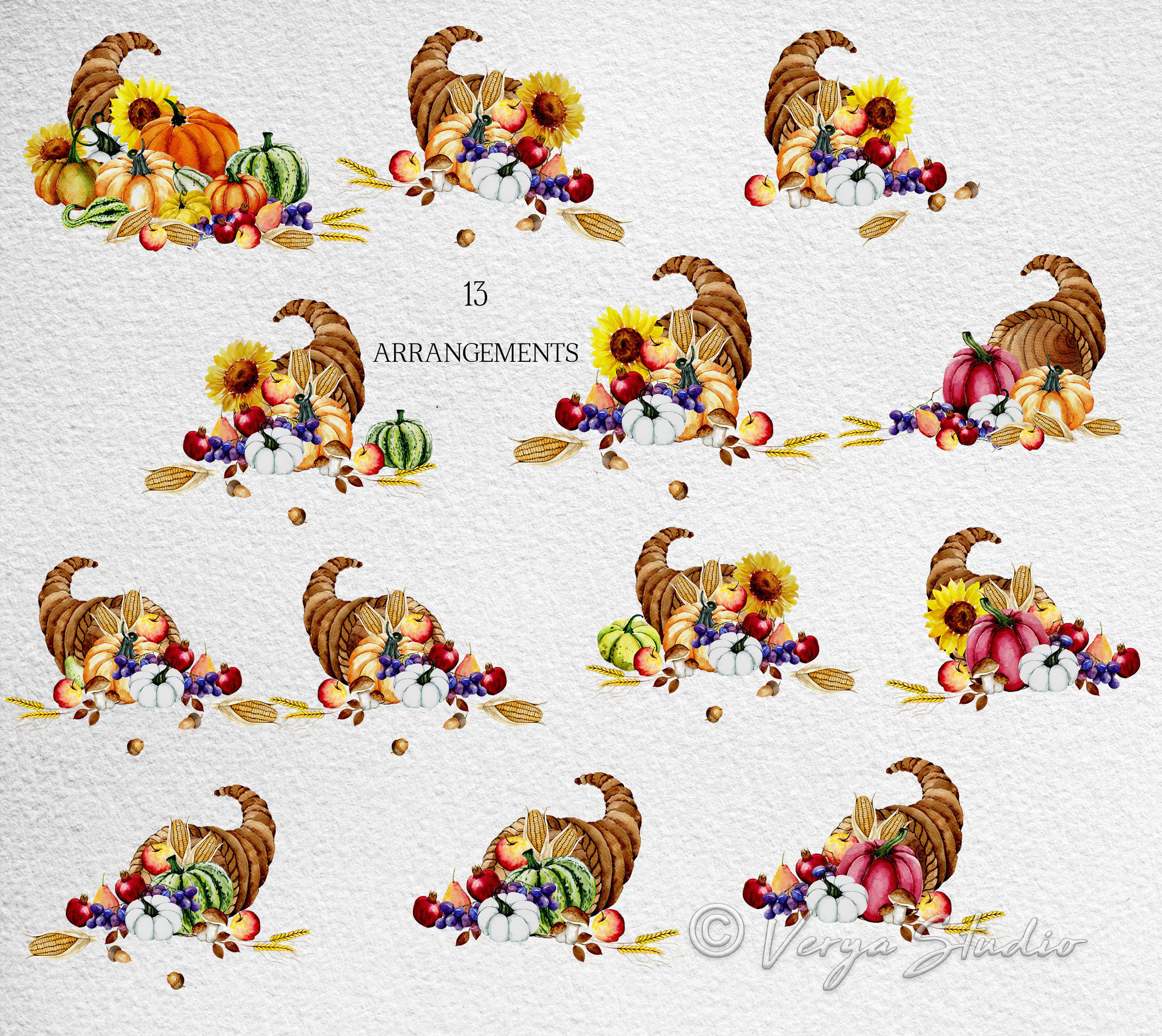 Thanksgiving Clipart Cornucopia Watercolor, Pumpkins Clipart, Autumn ...