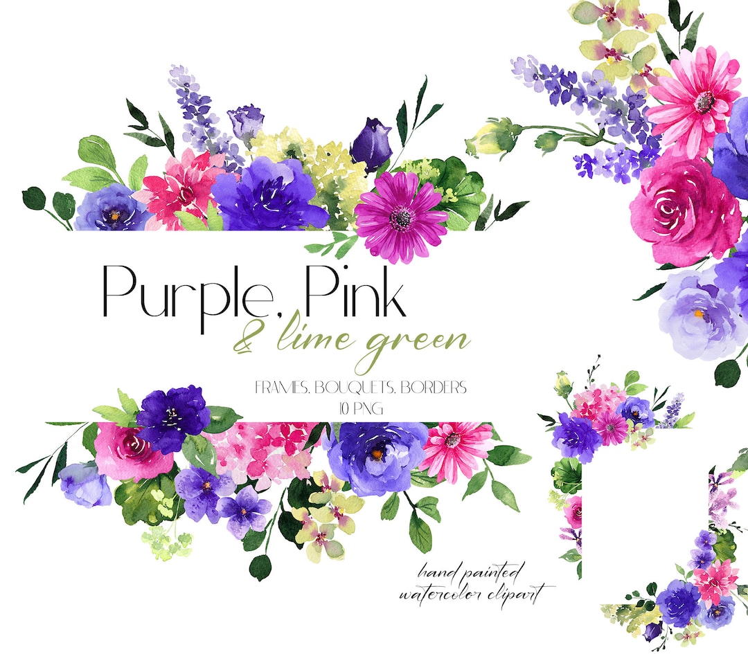 Pink Purple Watercolor Flowers Clipart Frames Borders Bouquets Floral ...