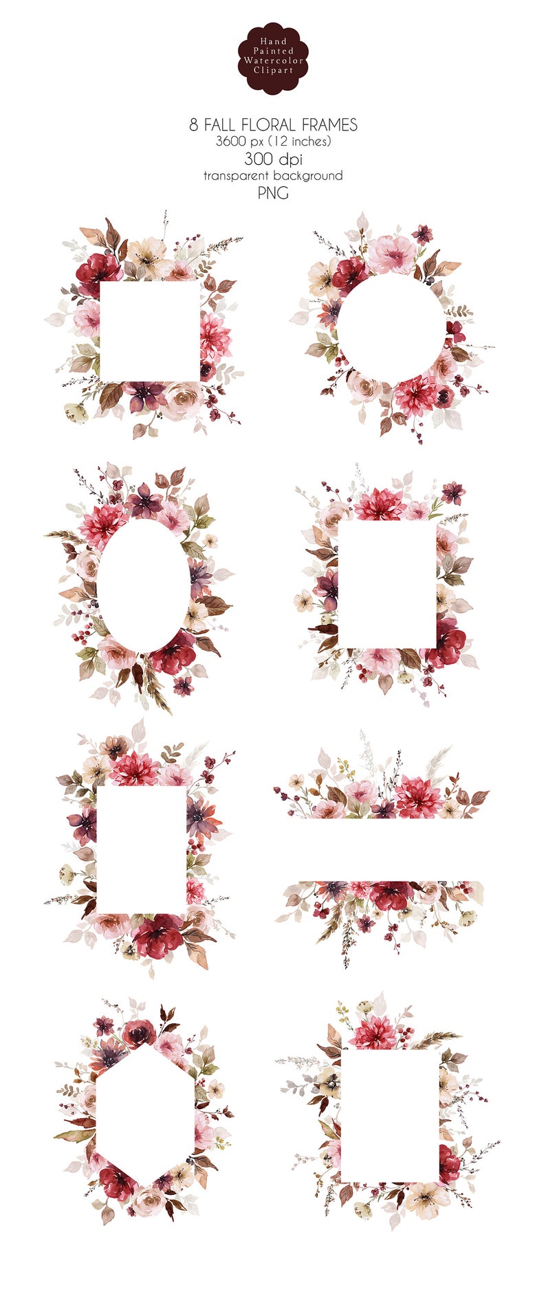 Fall Floral Frames Clipart - Watercolor Flowers, Burgundy Marsala ...