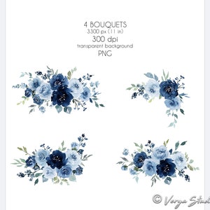Navy Dusty Blue Watercolor Flowers Clipart Floral Clip Art Wedding ...