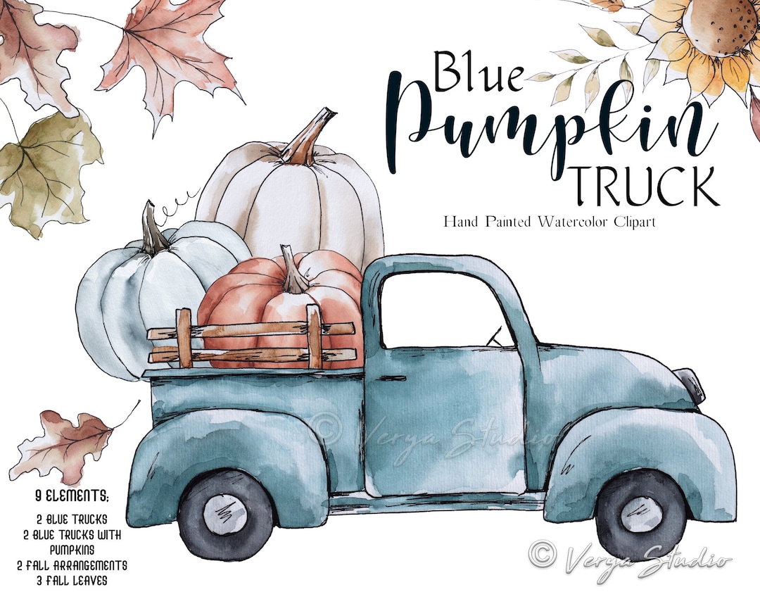 Blue Harvest Truck Watercolor Fall Clipart Pumpkin Truck Clipart Autumn ...