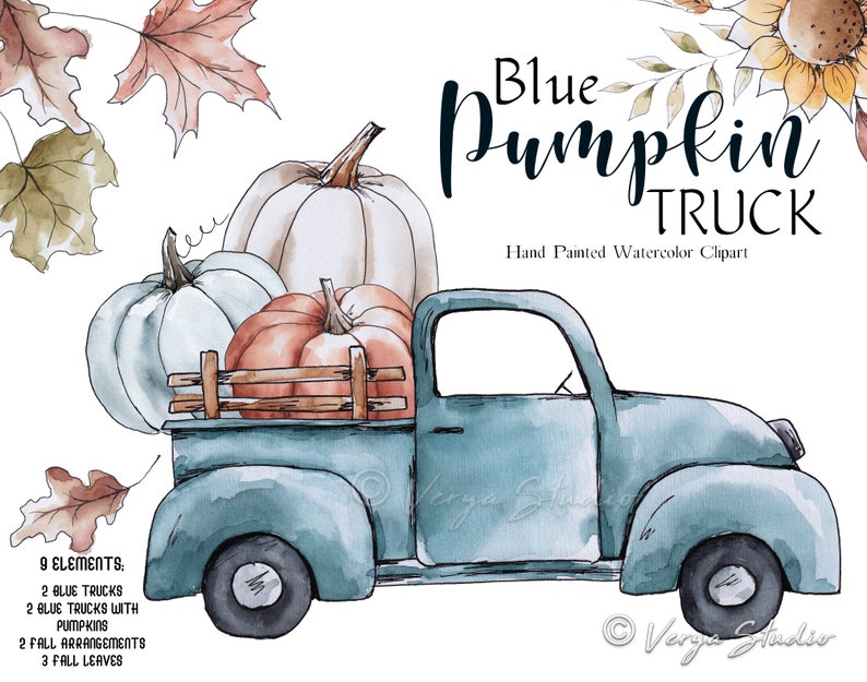 Blue Harvest Truck Watercolor Fall Clipart Pumpkin Truck - Etsy