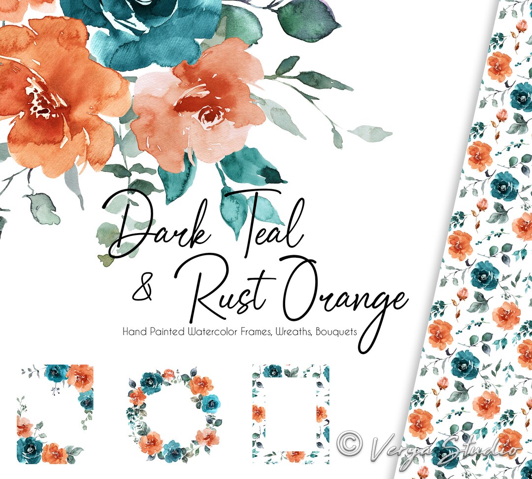 Teal Rust Orange Watercolor Flowers Clipart Floral Clip Art Frames ...