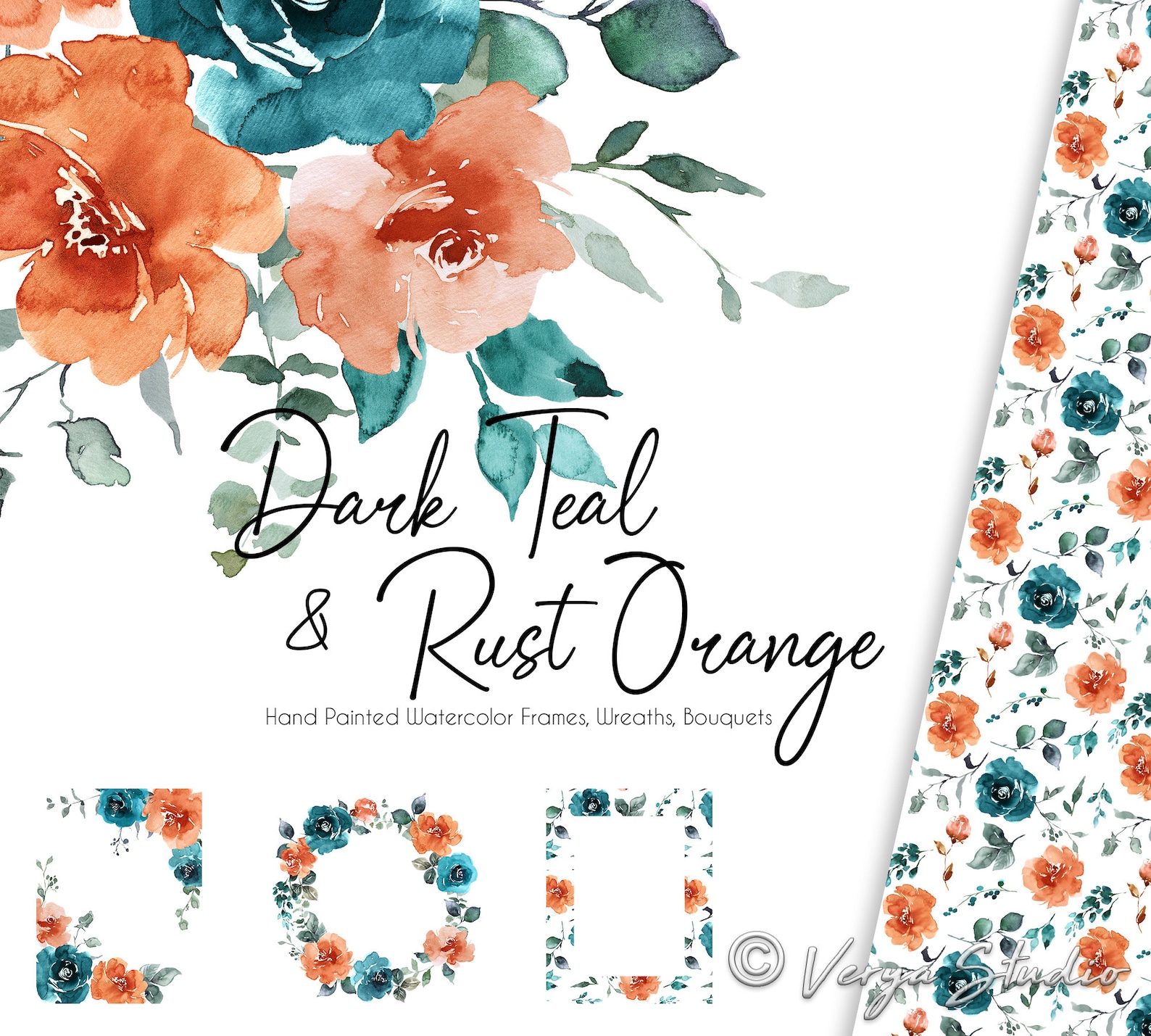 Teal Rust Orange Watercolor Flowers Clipart Floral Clip Art - Etsy
