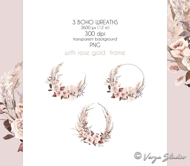 Boho Watercolor Floral Clipart Rose Gold Frame Bohemian Frames Wreaths ...
