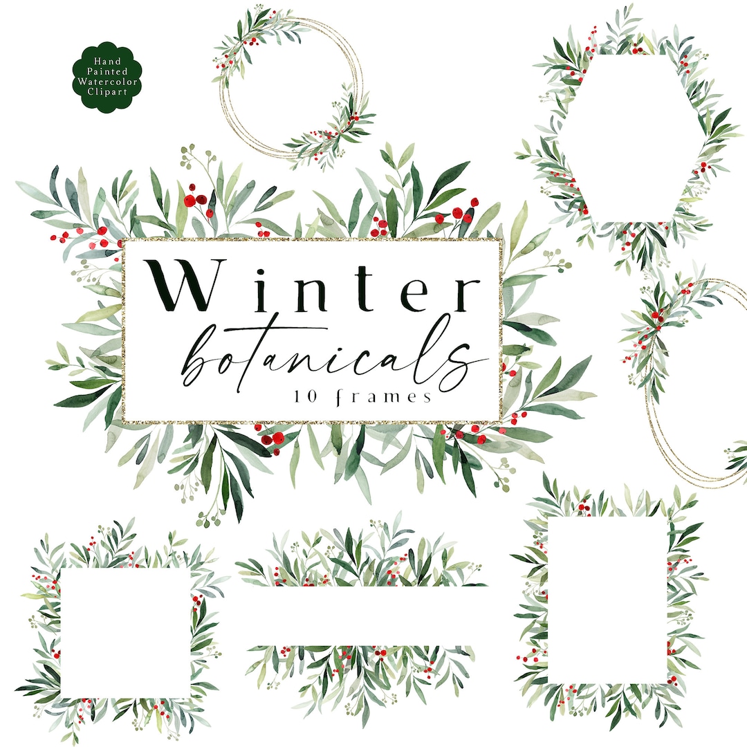 Christmas Frames Clipart, Watercolor Greenery Clip Art, Red Berries ...