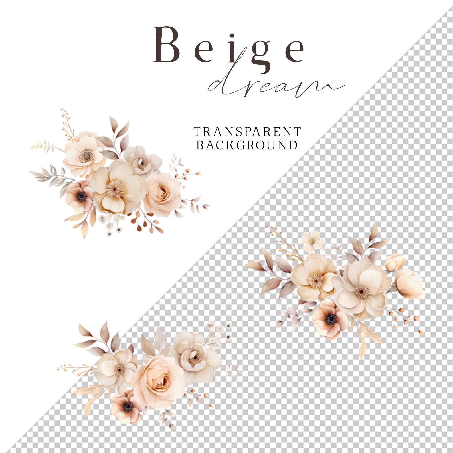 Beige Floral Clipart Watercolor Ivory White Flowers Clip Art Cream ...