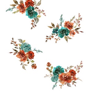 Teal Rust Orange Floral Clipart Watercolor Flowers Clip Art Burnt ...