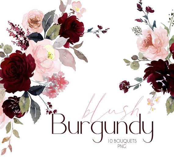 Burgundy Wedding Floral Clip Art Boho Burgundy Red Watercolor Clip
