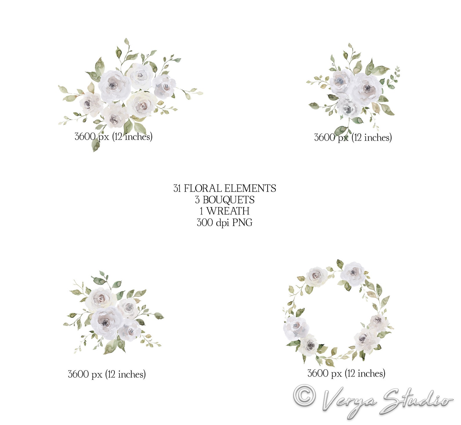 Watercolor Flowers Clipart White Ivory Cream Floral Clip Art Light ...