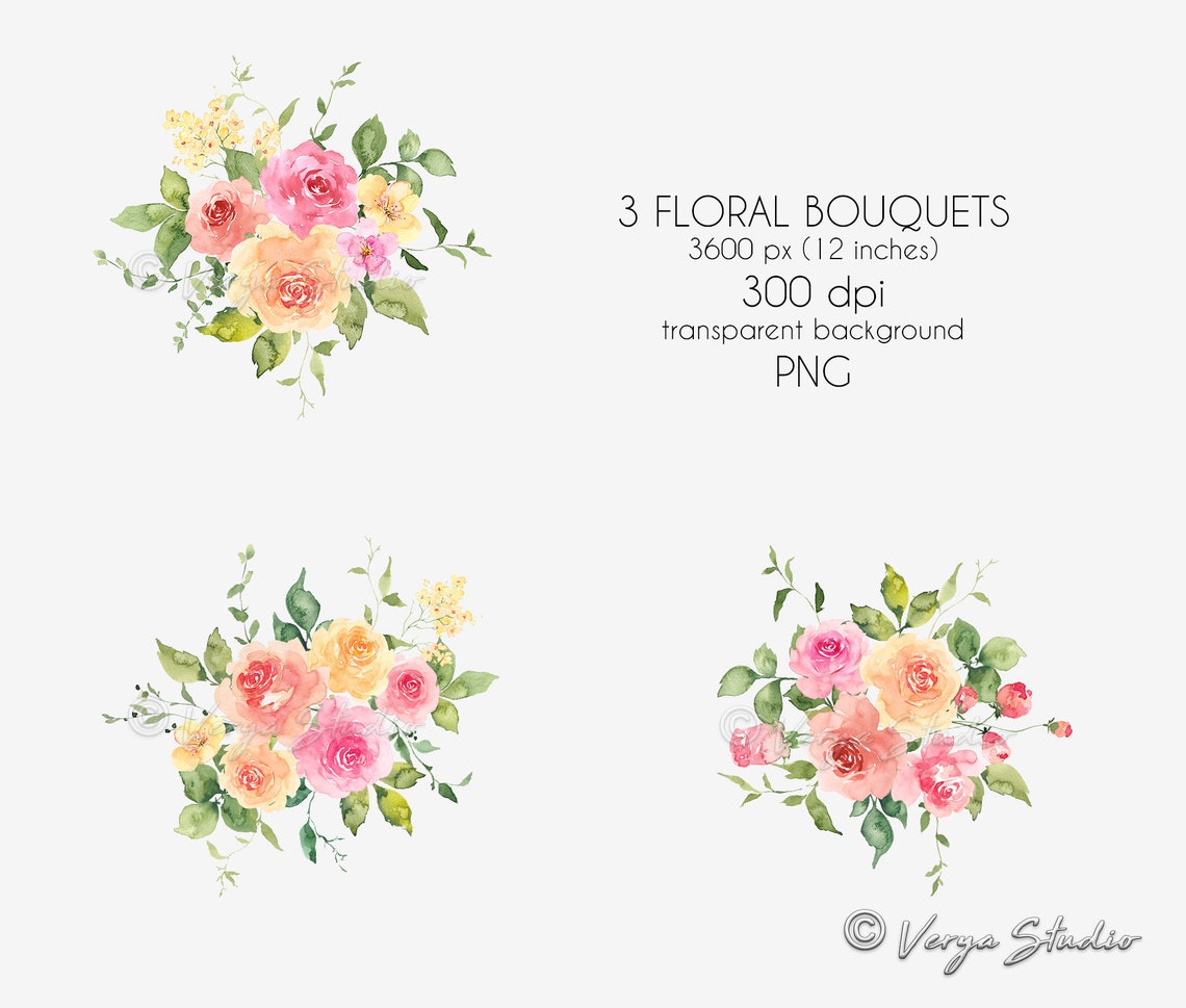 Peach Pink Yellow Watercolor Flowers Clipart Floral Clip Art | Etsy