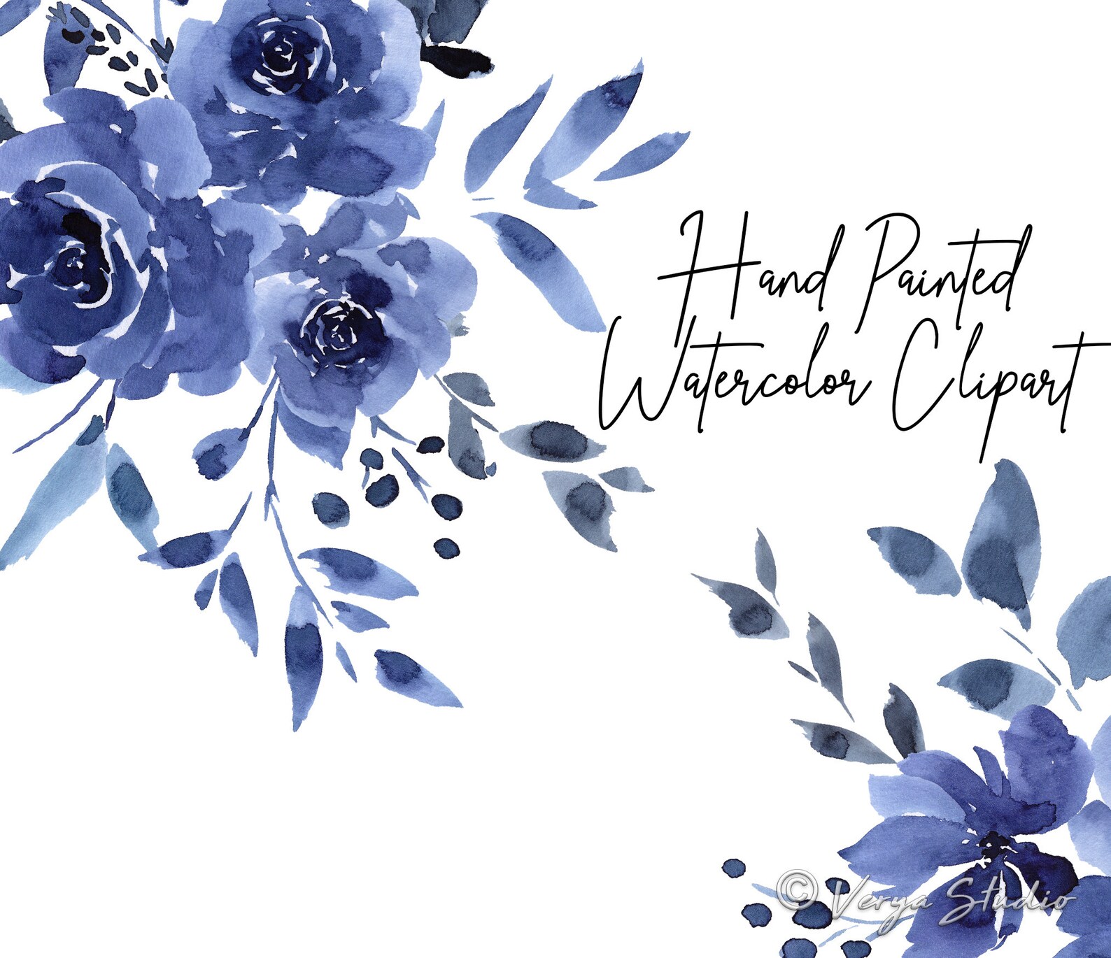 Watercolor Blue Floral Clipart Navy Indigo Roses Flowers Clip - Etsy