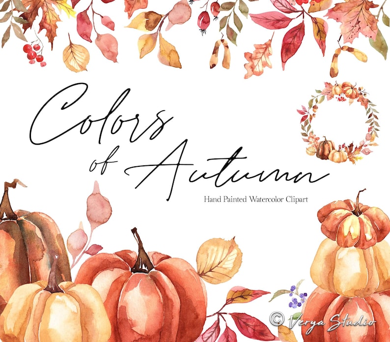 Fall Clipart Watercolor Autumn Clipart Fall Colors Leaves Greenery ...