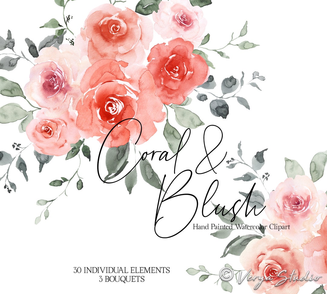 Coral Blush Watercolor Floral Clipart Orange and Pink Watercolor ...