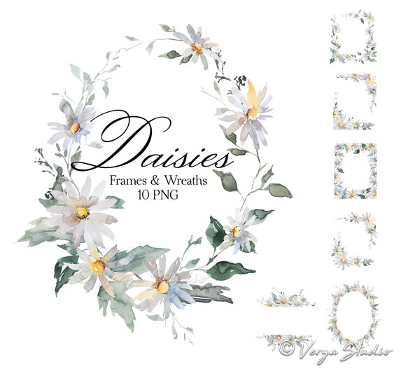 Daisies Watercolor Floral Frames Clipart White Daisy Flowers - Etsy