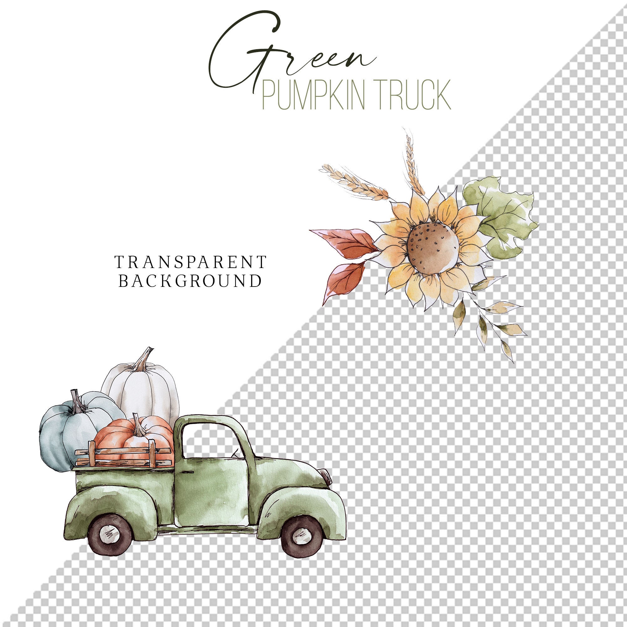 Fall Clipart Watercolor Pumpkin Truck Clip Art Green Vintage Truck ...