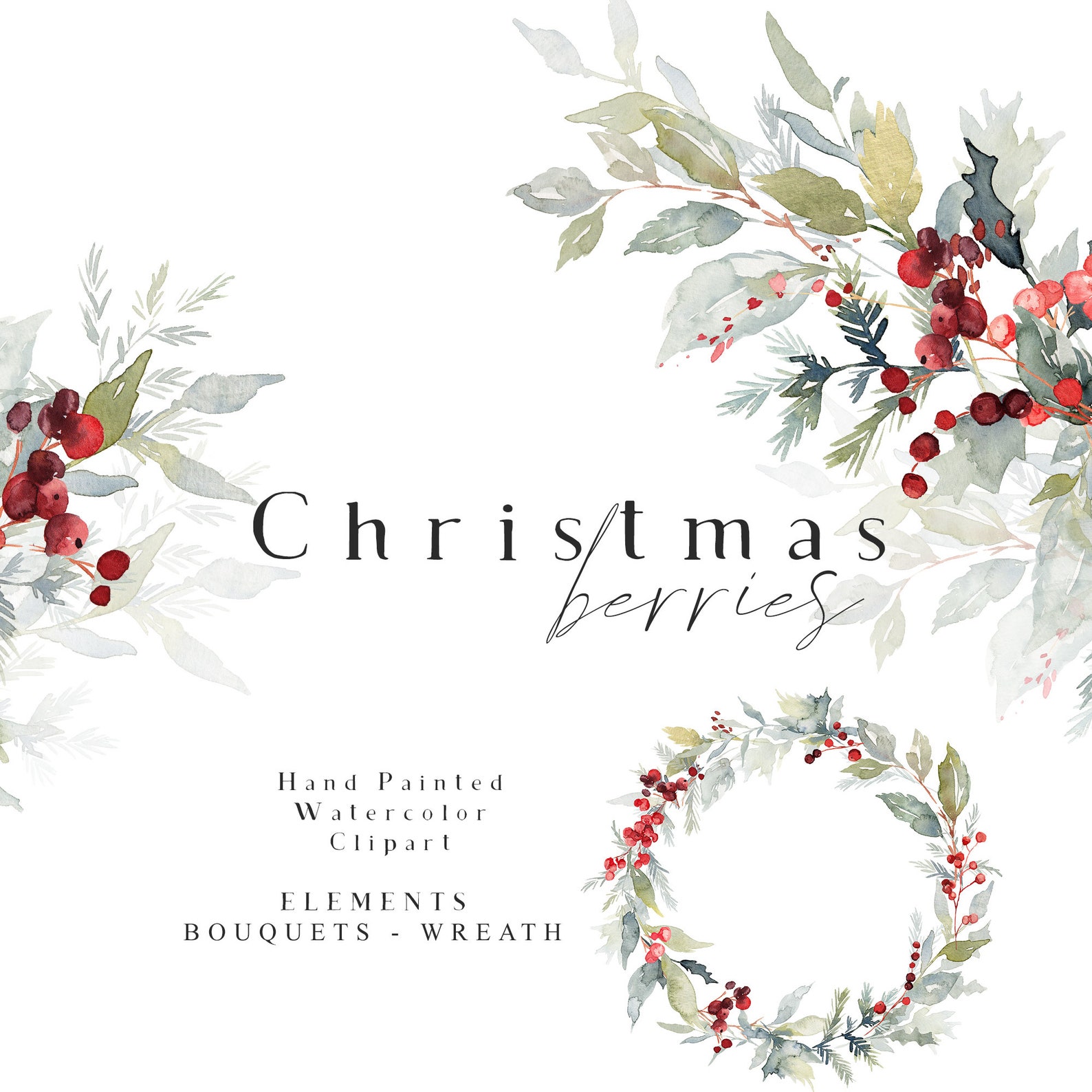 Winter Berries Clipart Watercolor Christmas Greenery Clip Art Red Berry ...