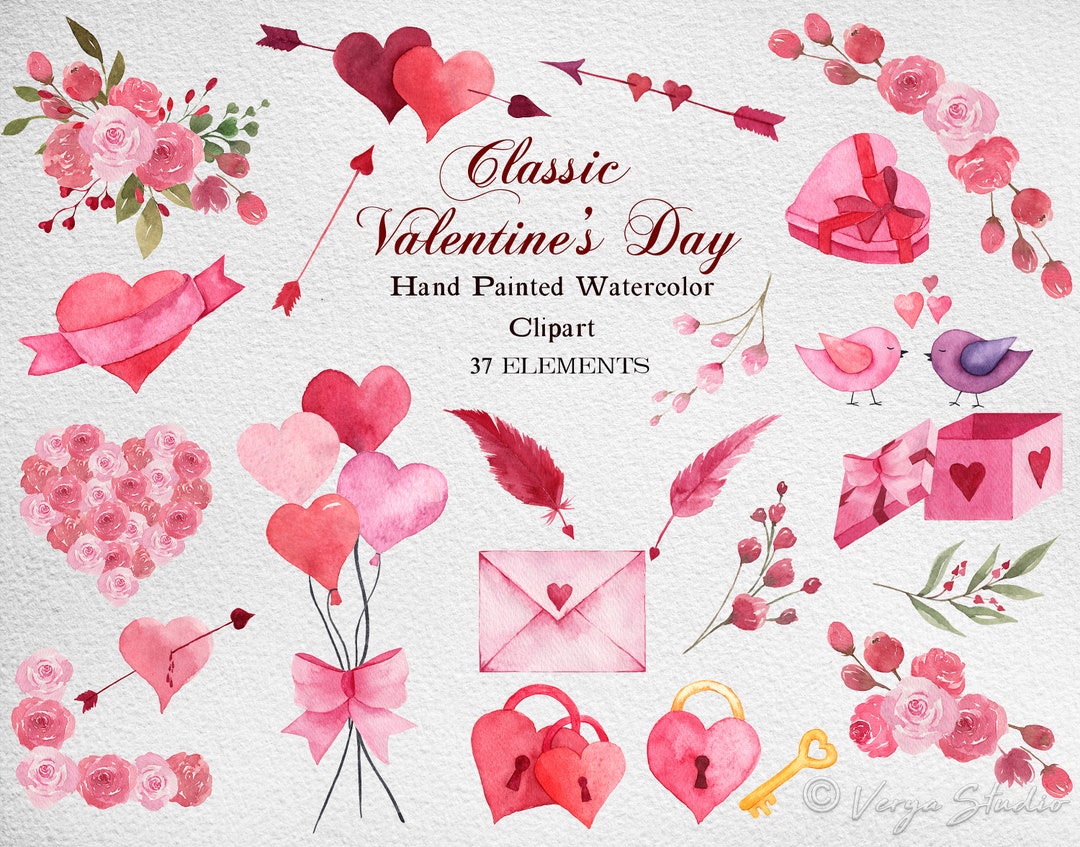 Valentine's Day Watercolor Clipart PNG, Romantic Roses, Hearts, Ballons ...