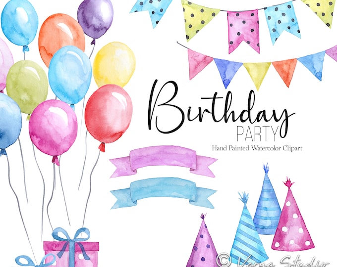 Party Clipart Bundle, PNG Graphic Digital Download Watercolor Blue ...