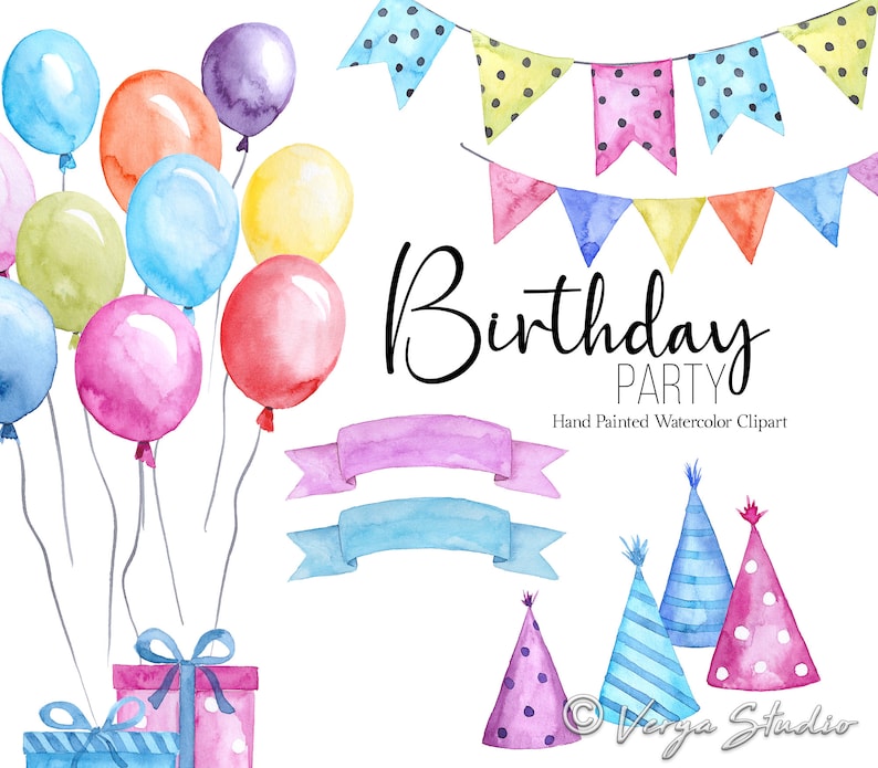 Watercolor Birthday Party Clipart Balloons Party Hats Banner Present ...