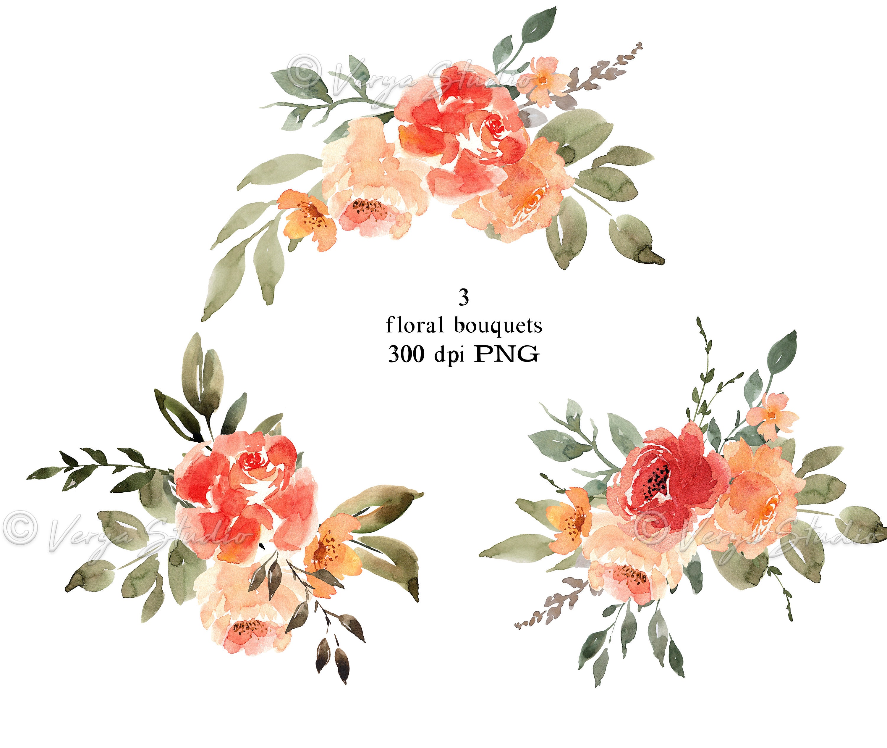 Peach Roses Watercolor Floral Clipart Loose Coral Flowers Orange Bridal ...