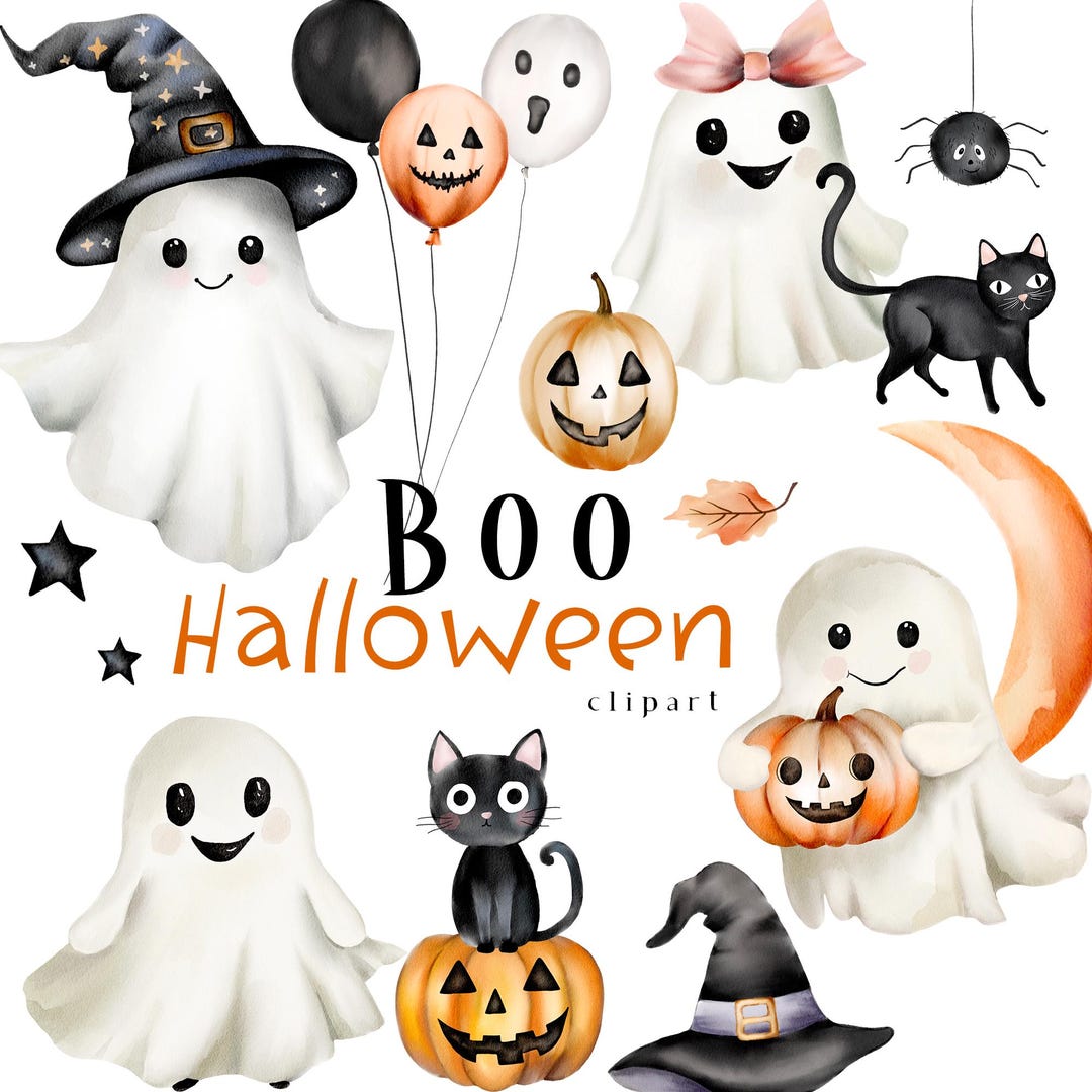 Boo Halloween Clipart Watercolor Ghost Clip Art Elements Spooky ...
