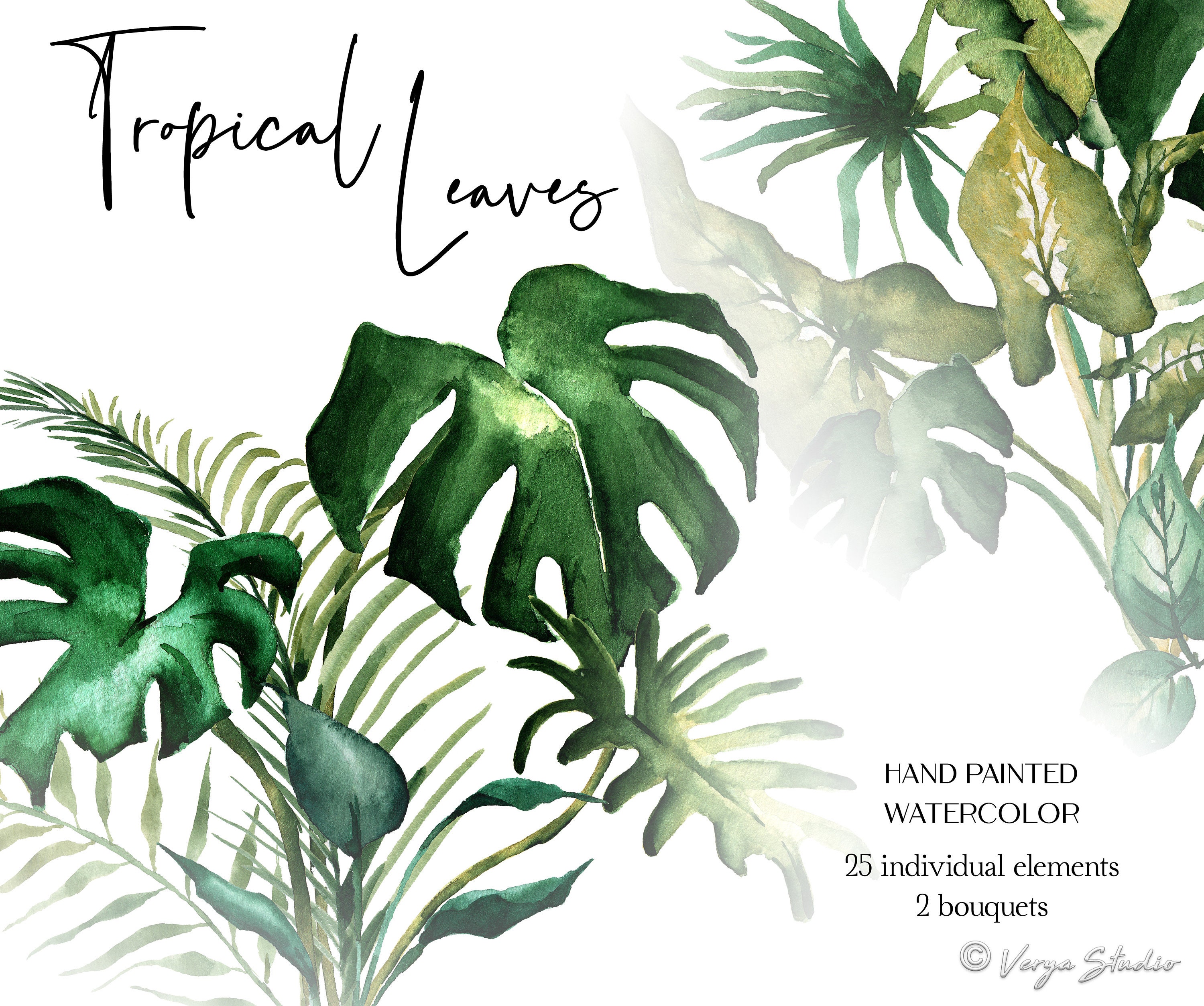 Watercolor Tropical Clipart Leaves Clip Art Tropic Greenery - Etsy