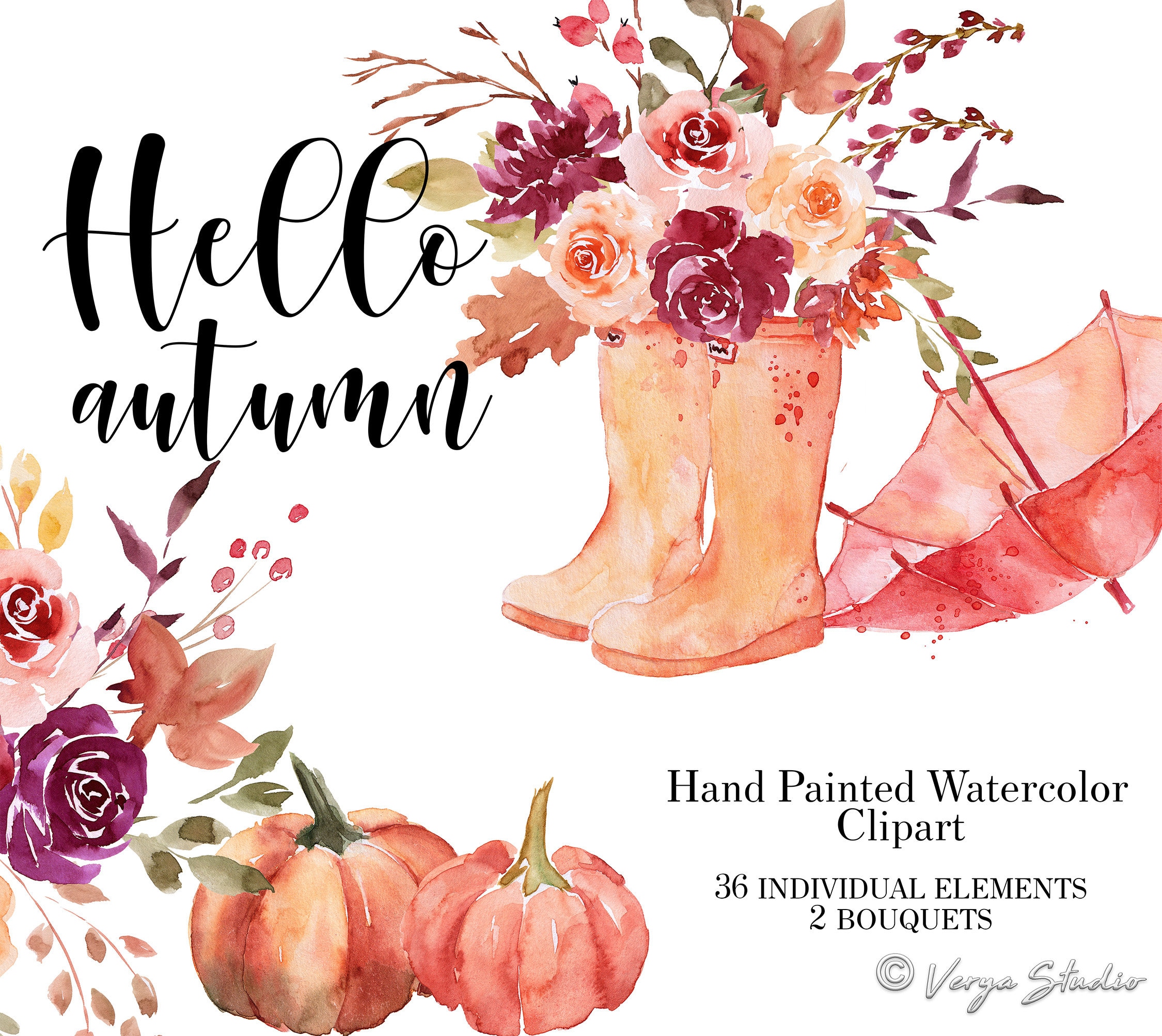 Autumn Watercolor Clipart Fall Clipart Peach Burguny Purple | Etsy