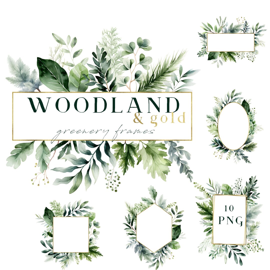 Greenery & Gold Clipart Watercolor Botanical Frames 10 PNG Woodland ...