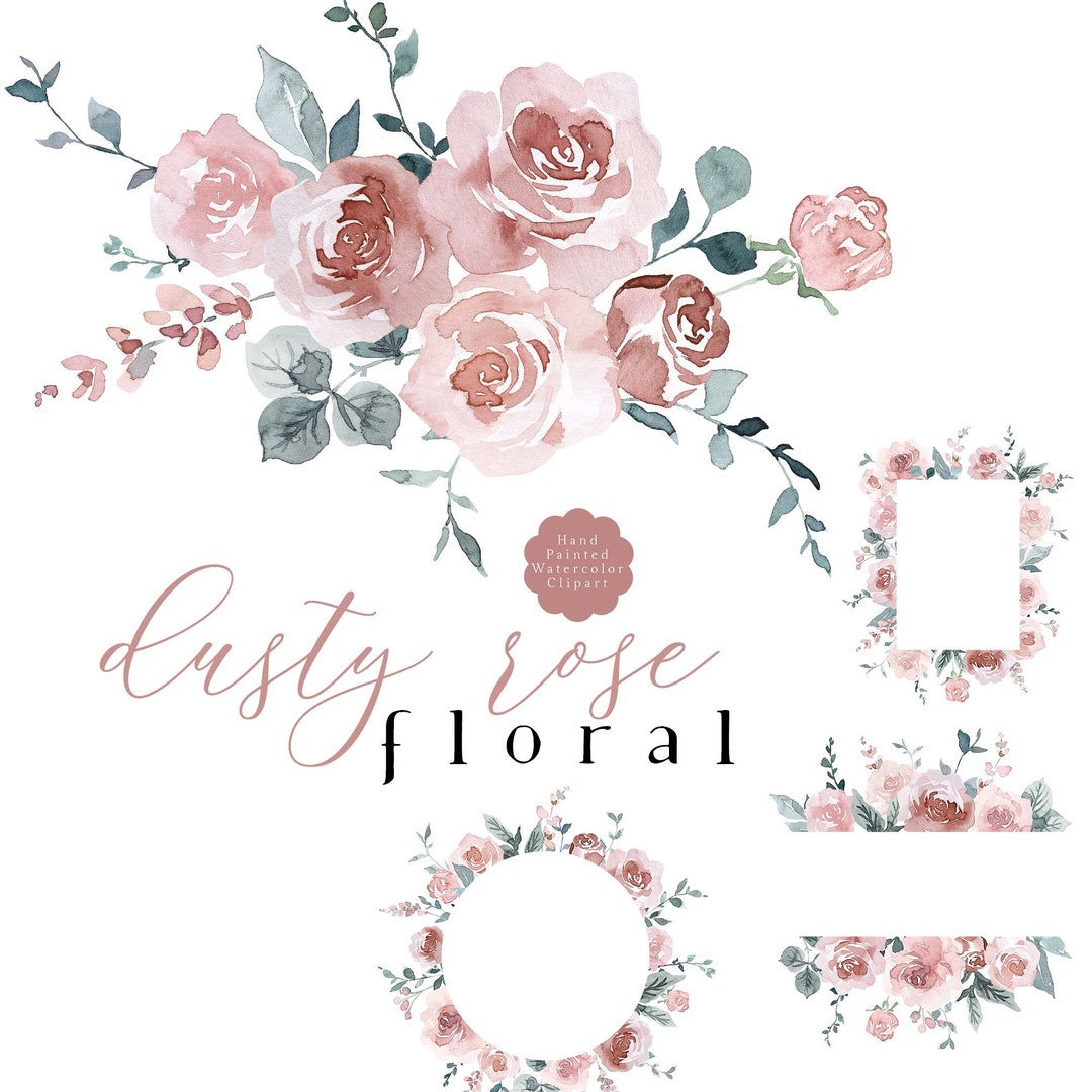 Dusty Rose Flowers Clipart Watercolor Floral Clip Art Dusty Pink Green ...