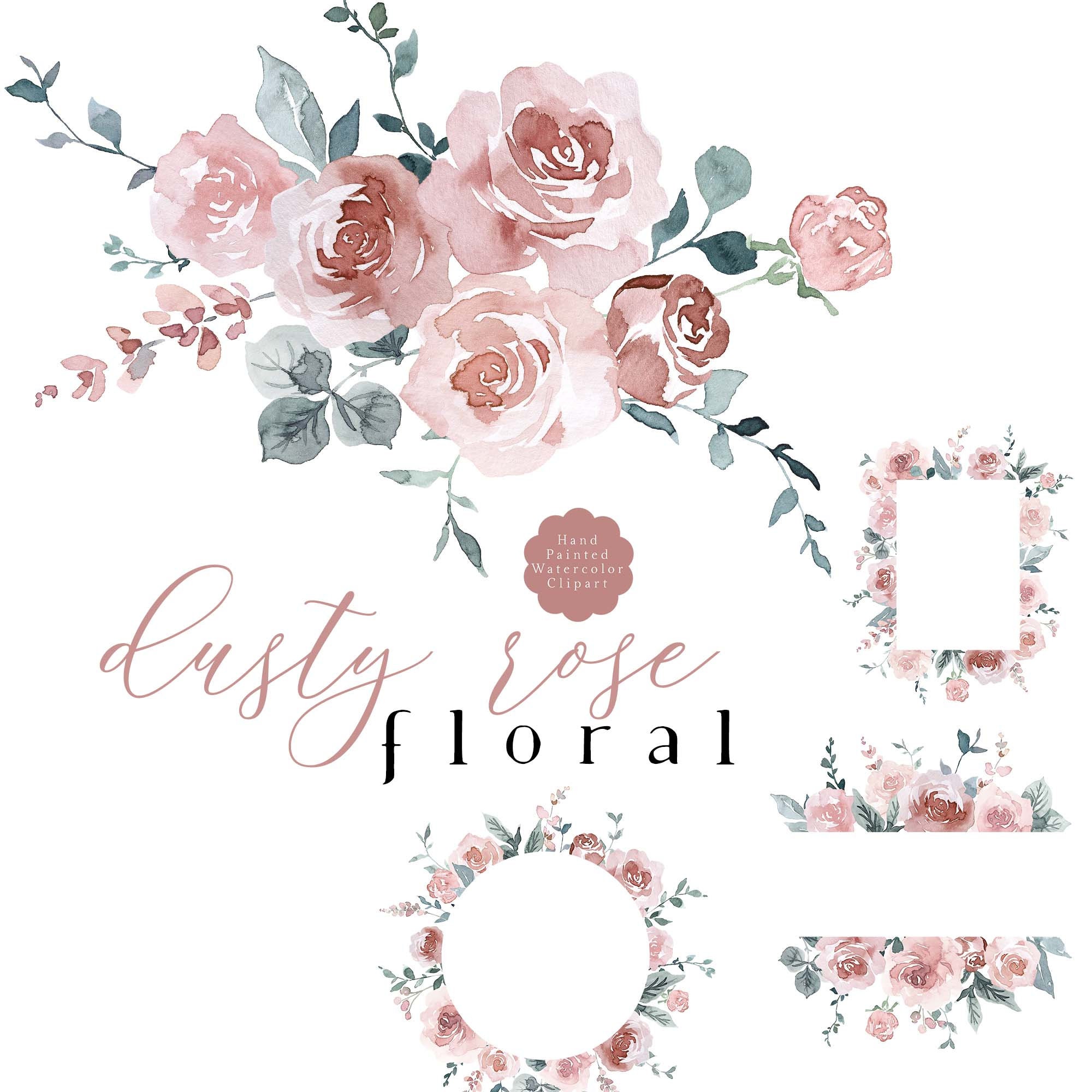 Dusty Rose Flowers Clipart Watercolor Floral Clip Art Dusty Pink Green ...