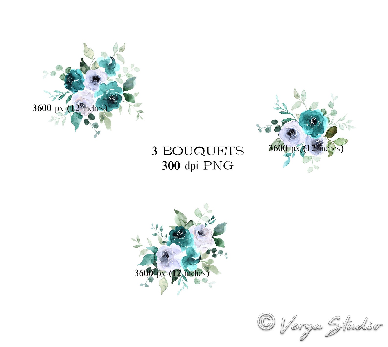 Watercolor Flowers Clipart Teal Floral Clipart Wedding Clipart White ...
