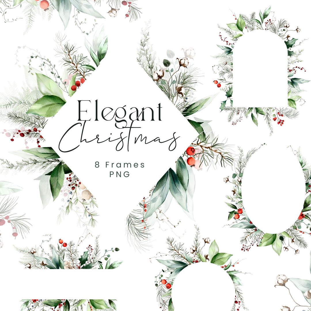 Sleek Christmas Clipart Watercolor Winter Greenery Frame Botanical ...