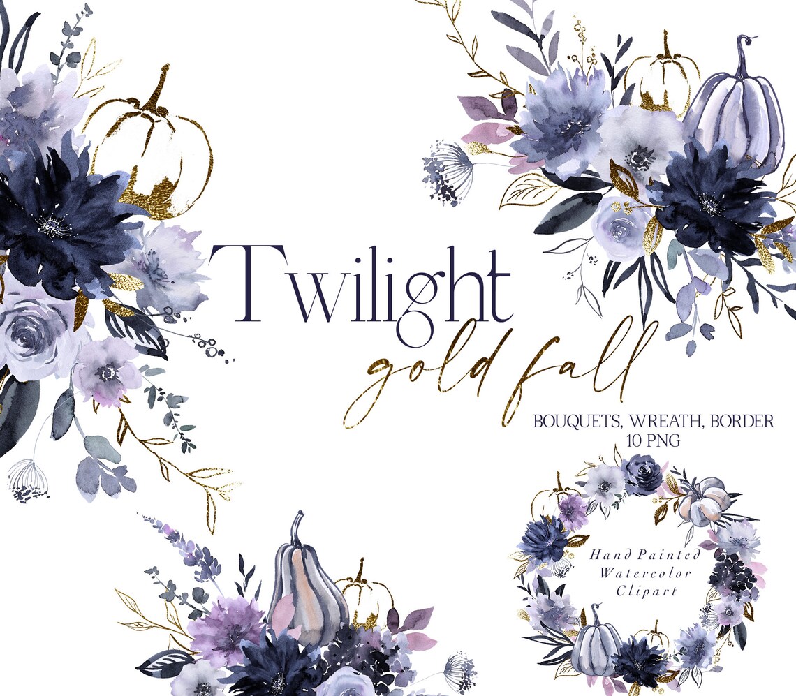 Fall Clipart Watercolor Autumn Clip Art Black Purple Gold Pink - Etsy